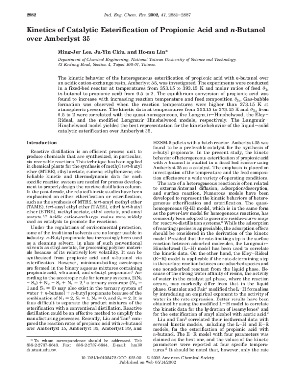 (PDF) Kinetics of Catalytic Esterification of Propionic Acid and n ...