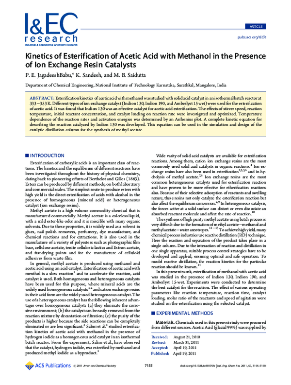 (PDF) Kinetics of esterification of acetic acid with n-amyl alcohol in ...
