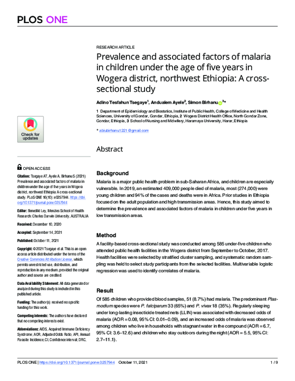 (PDF) Prevalence and associated factors of malaria in children under the age of five years in ...