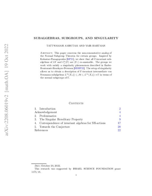 (PDF) Subalgebras, subgroups, and singularity