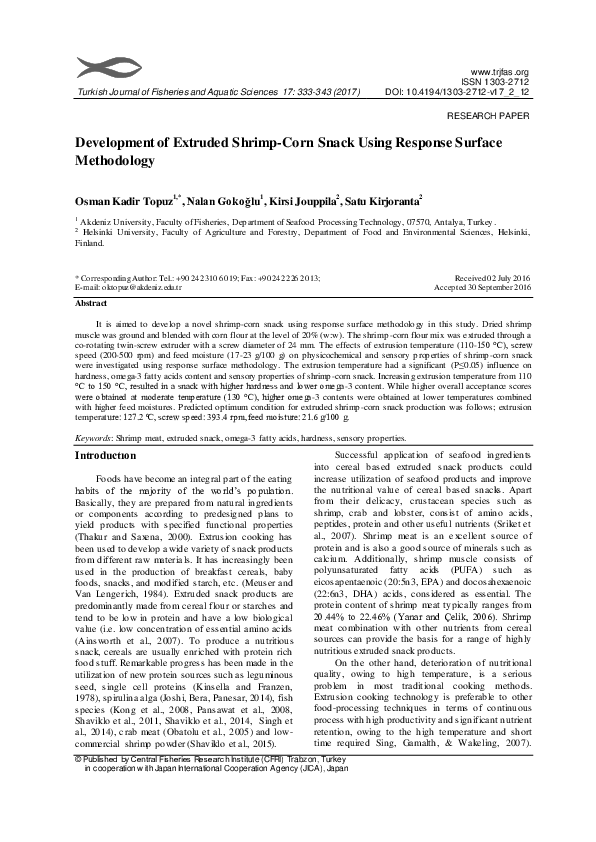 (PDF) Development of Extruded Shrimp-Corn Snack Using Response Surface ...