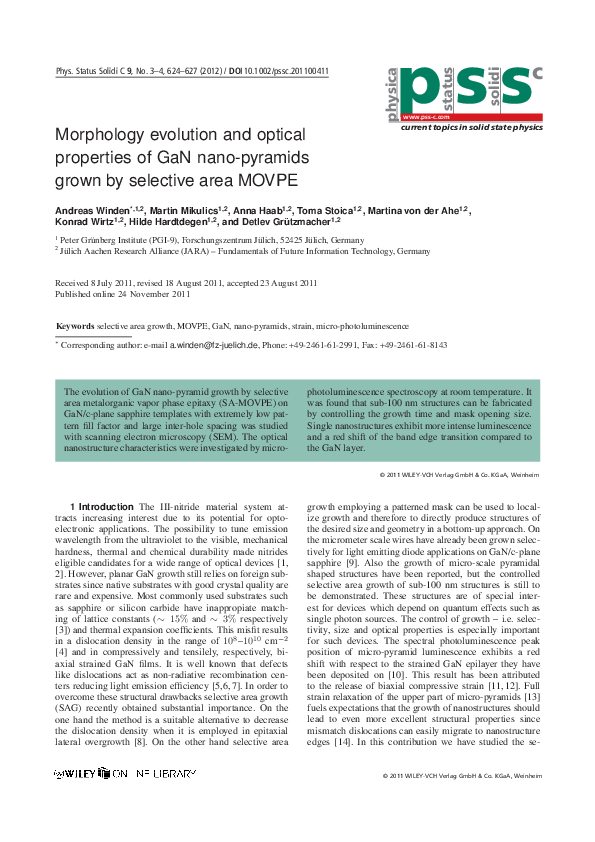 (PDF) Morphology evolution and optical properties of GaN nano-pyramids grown by selective area MOVPE