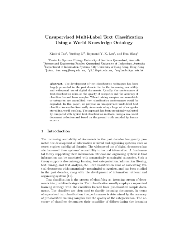 Pdf Unsupervised Multi Label Text Classification Using A World Knowledge Ontology