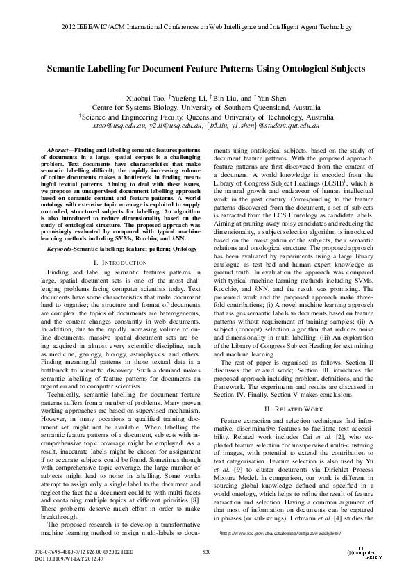 Pdf Semantic Labelling For Document Feature Patterns Using Ontological Subjects Xiaohui Tao