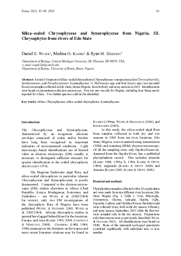 (PDF) Silica-scaled chrysophyceae and synurophyceae (chrysophyta) from Nigeria. II. Lake Lekki ...