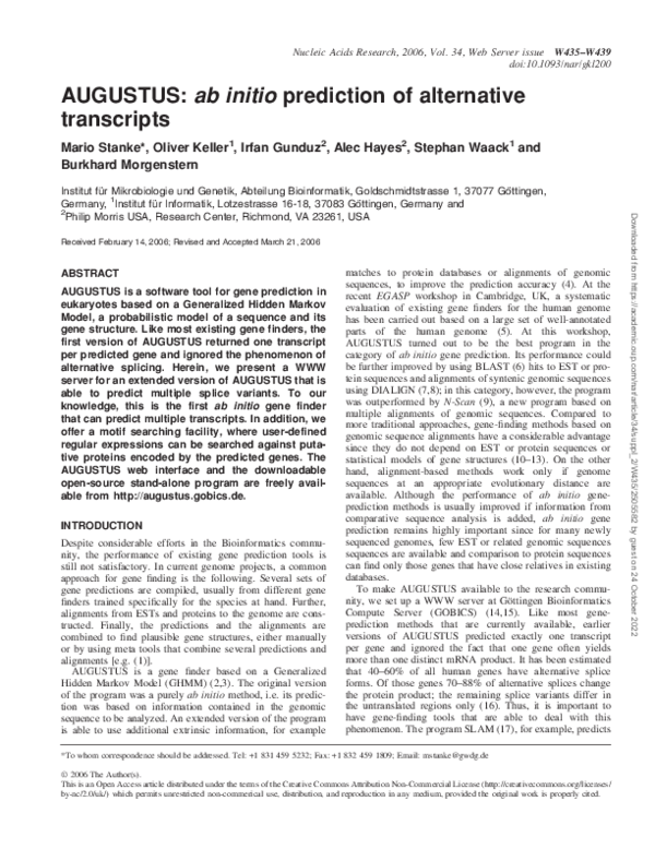 (PDF) AUGUSTUS: ab initio prediction of alternative transcripts