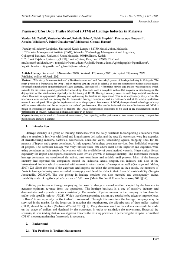 (PDF) Framework for Drop Trailer Method (DTM) of Haulage Industry in Malaysia