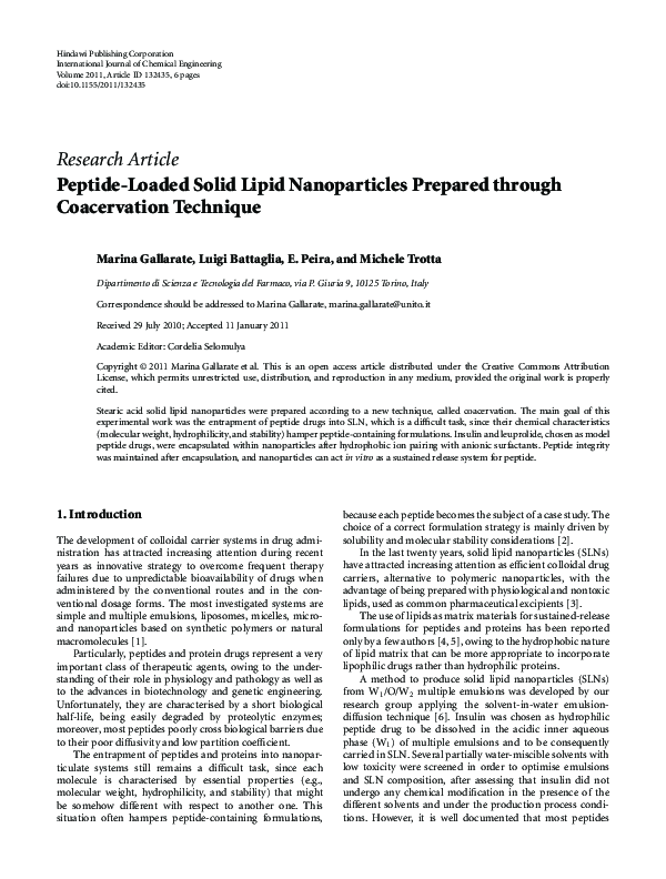 (PDF) Peptide-Loaded Solid Lipid Nanoparticles Prepared through ...
