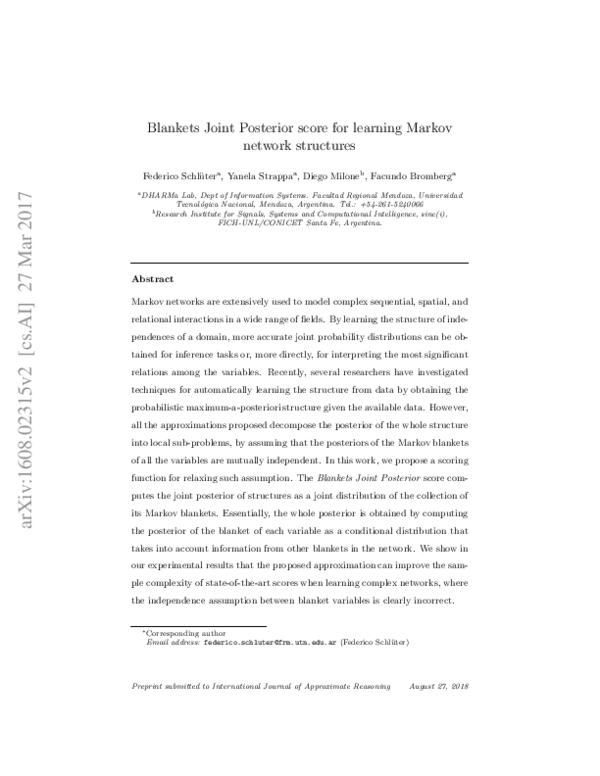 (PDF) Blankets Joint Posterior score for learning Markov network structures