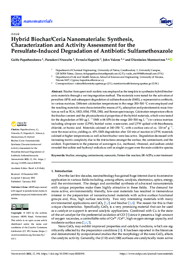 (PDF) Hybrid Biochar/Ceria Nanomaterials: Synthesis, Characterization and Activity Assessment ...