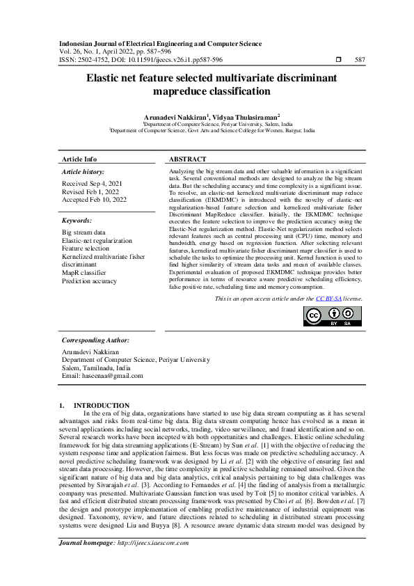 Pdf Elastic Net Feature Selected Multivariate Discriminant Mapreduce