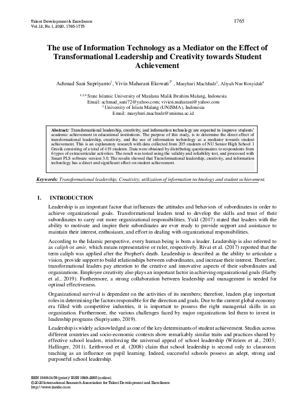 (PDF) The use of Information Technology as a Mediator on the Effect of Transformational ...