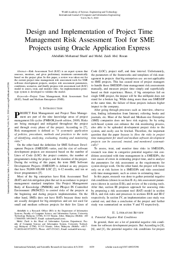 (PDF) Design And Implementation Of Project Time Management Risk Assessment Tool For Sme Projects ...