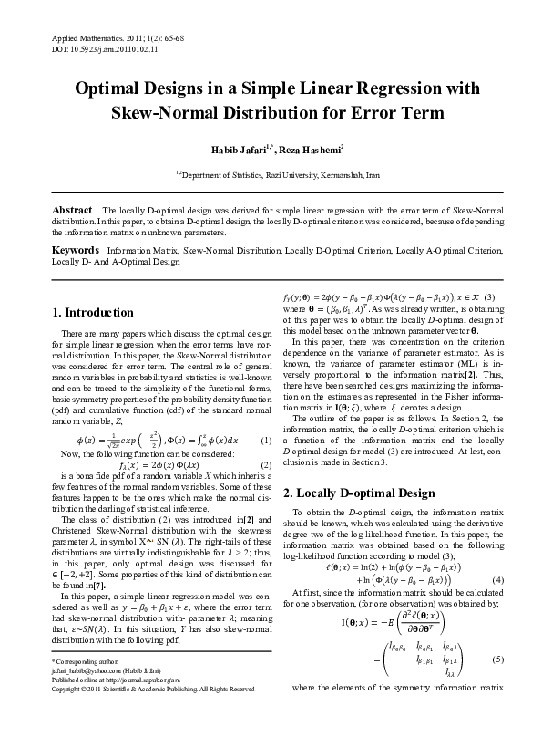 Pdf Optimal Designs In A Simple Linear Regression With Skew Normal Distribution For Error Term