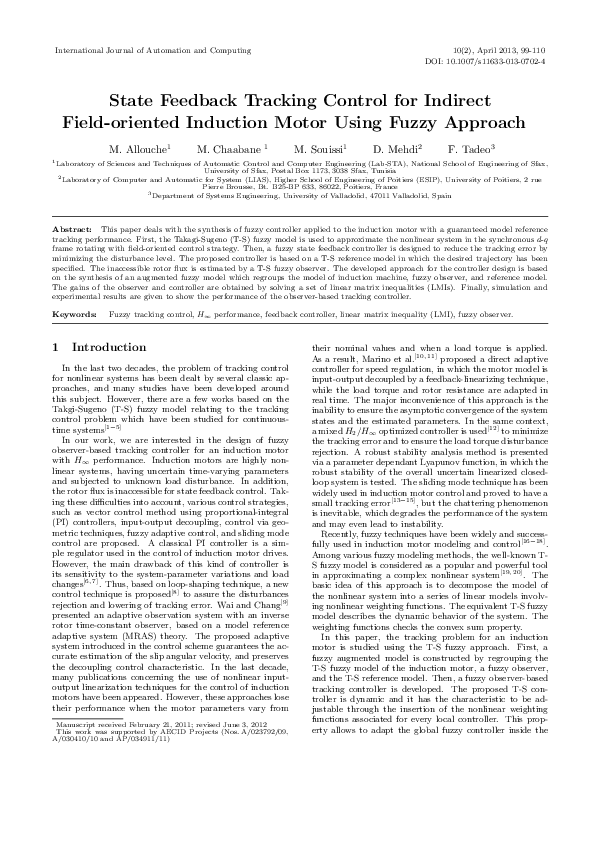 Pdf State Feedback Tracking Control For Indirect Field Oriented Induction Motor Using Fuzzy