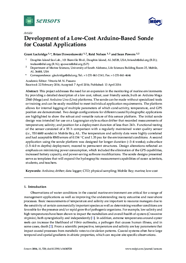(PDF) Development of a Low-Cost Arduino-Based Sonde for Coastal Applications | Sean Powers ...