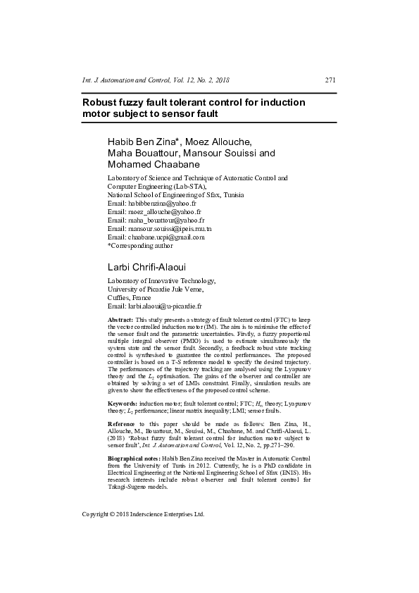 Pdf Robust Fuzzy Fault Tolerant Control For Induction Motor Subject To Sensor Fault