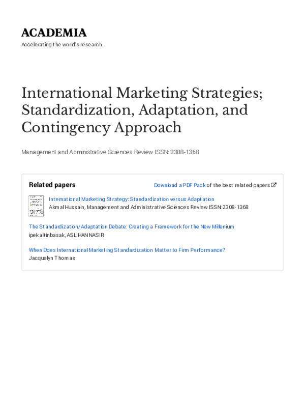 (PDF) International Marketing Strategies; Standardization, Adaptation ...