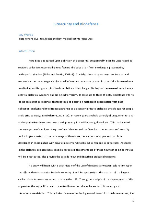 (PDF) Biosecurity and Biodefense