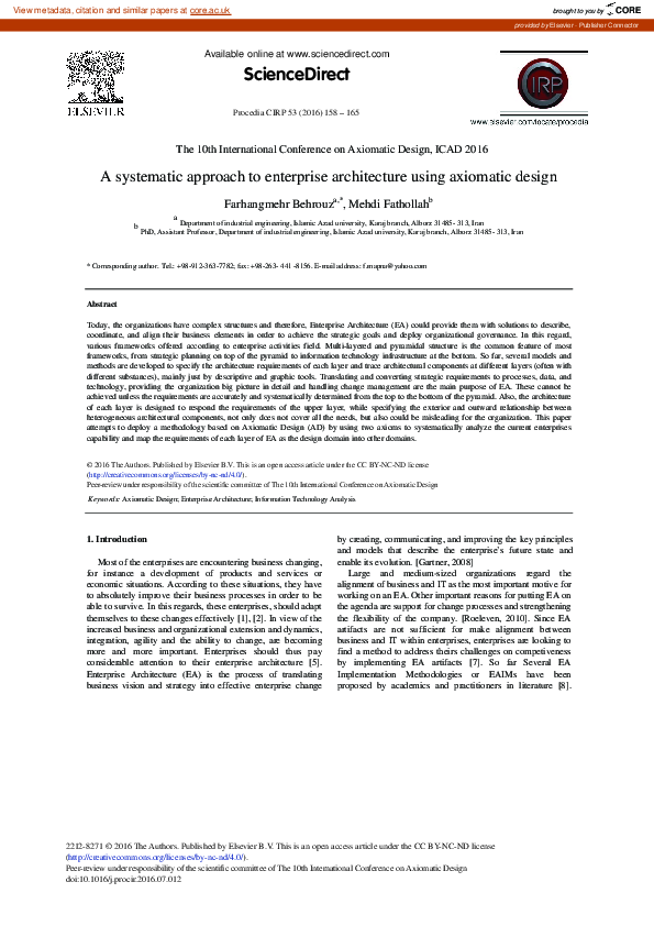 (PDF) A Systematic Approach to Enterprise Architecture Using Axiomatic Design