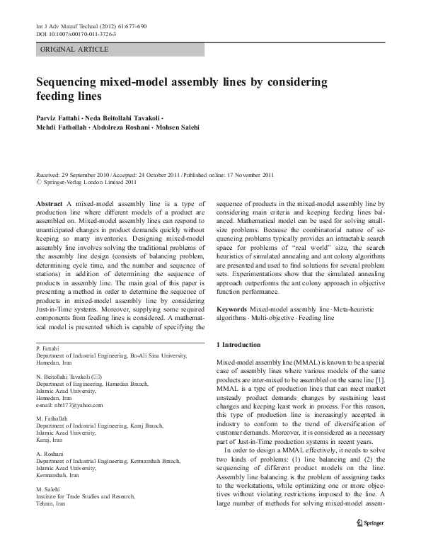 Pdf Sequencing Mixed Model Assembly Lines By Considering Feeding Lines Mehdi Fathollah