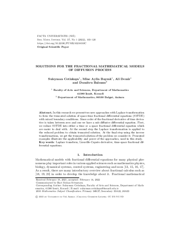 (PDF) Solutions for the Fractional Mathematical Models of Diffusion Process