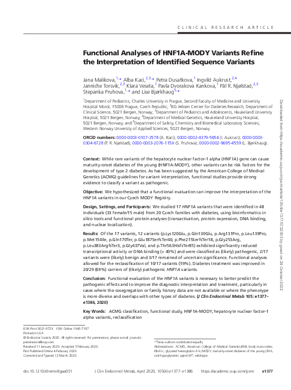 (PDF) Functional Analyses of HNF1A-MODY Variants Refine the Interpretation of Identified ...