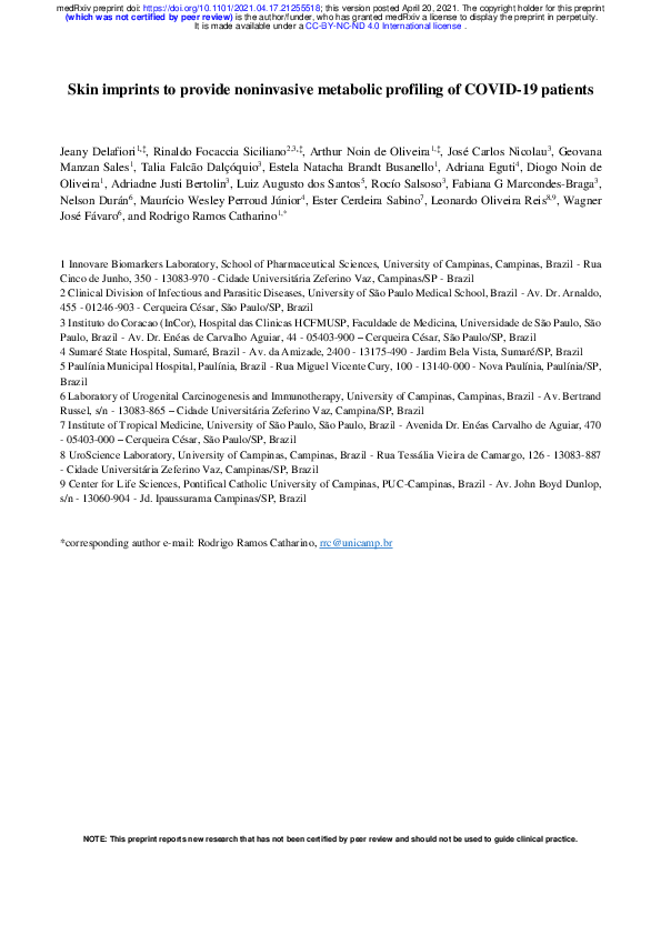 (PDF) Skin imprints to provide noninvasive metabolic profiling of COVID ...