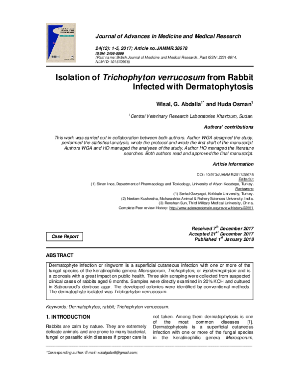 (PDF) Isolation of Trichophyton verrucosum from Rabbit Infected with ...