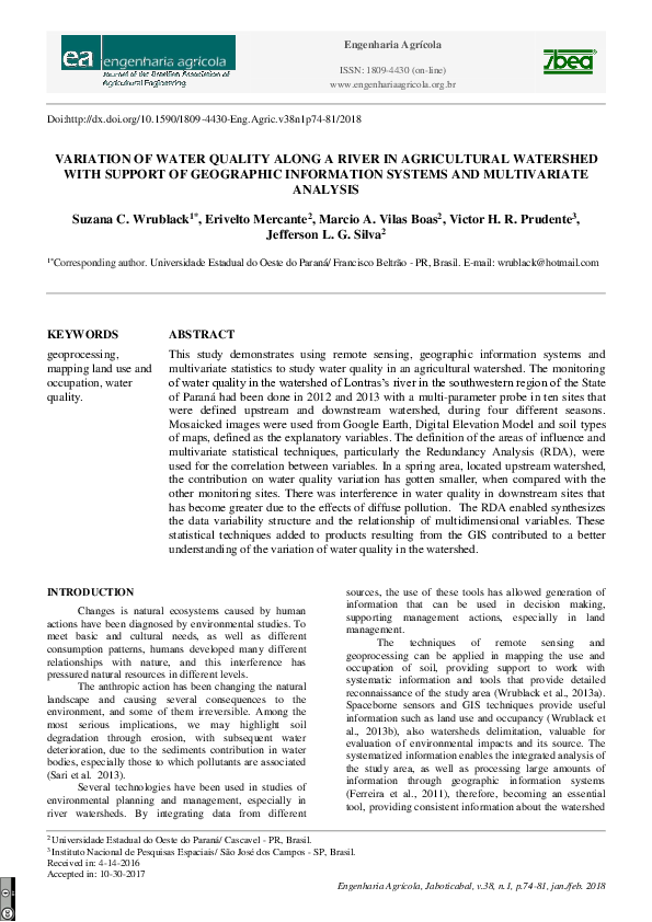 (PDF) Variation of Water Quality Along a River in Agricultural Watershed with Support of ...
