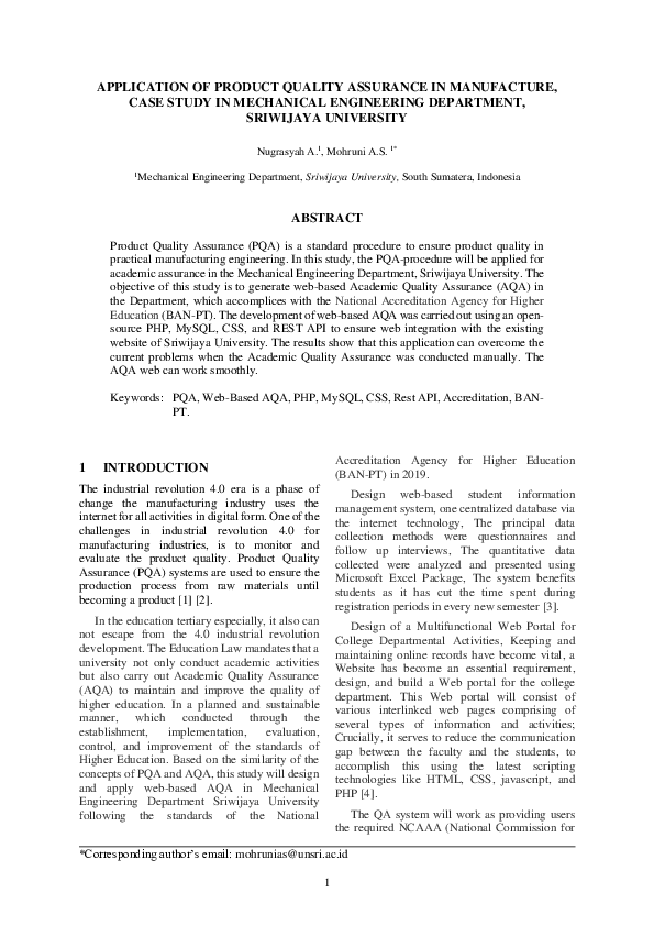 (PDF) Application of Product Quality Assurance in Manufacture, Case ...
