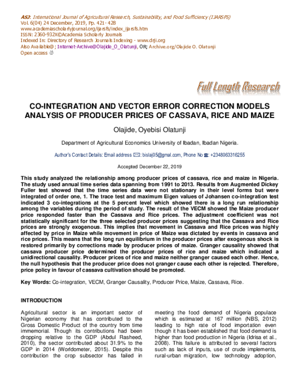 (PDF) Co-Integration and Vector Error Correction Models Analysis of Producer Prices of Cassava ...