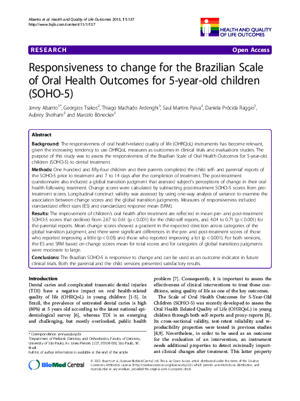 (PDF) Responsiveness to change for the Brazilian Scale of Oral Health ...