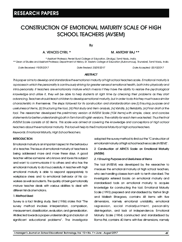 (PDF) Construction of Emotional Maturity Scale of High School Teachers ...