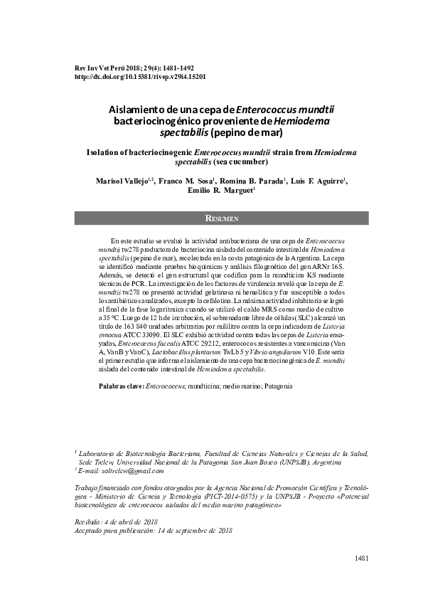 (PDF) Aislamiento de una cepa de Enterococcus mundtii ...