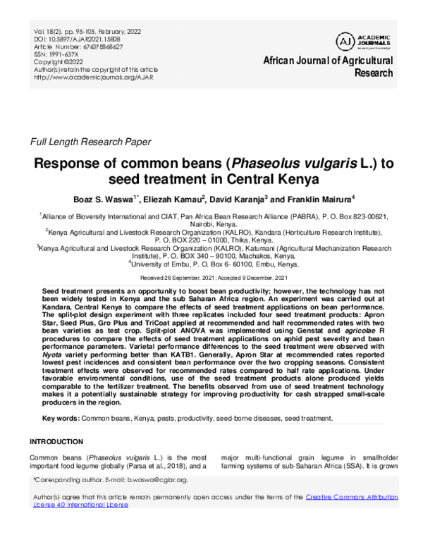(PDF) Response of common beans (Phaseolus vulgaris L.) to seed treatment in Central Kenya