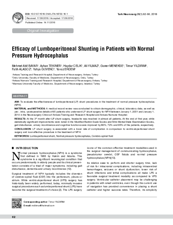(PDF) Efficacy of lumboperitoneal shunting in patients with normal pressure hydrocephalus ...