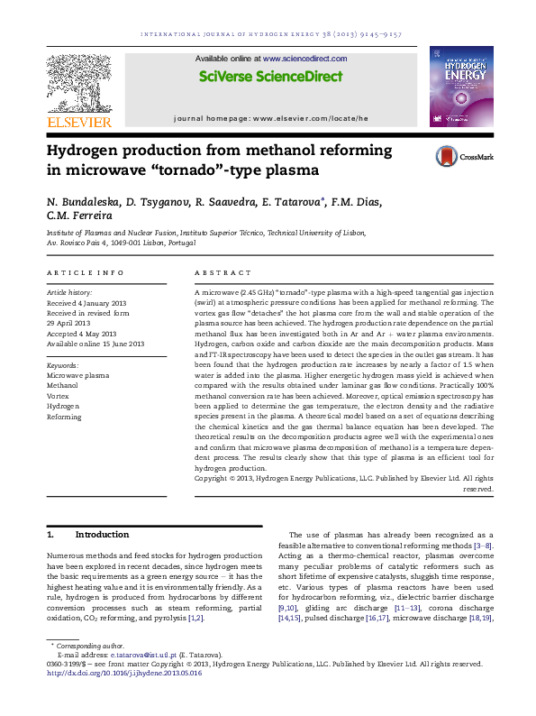(PDF) Hydrogen production from methanol reforming in microwave “tornado ...