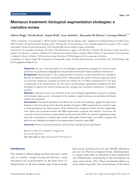 (PDF) Meniscus treatment: biological augmentation strategies: a ...