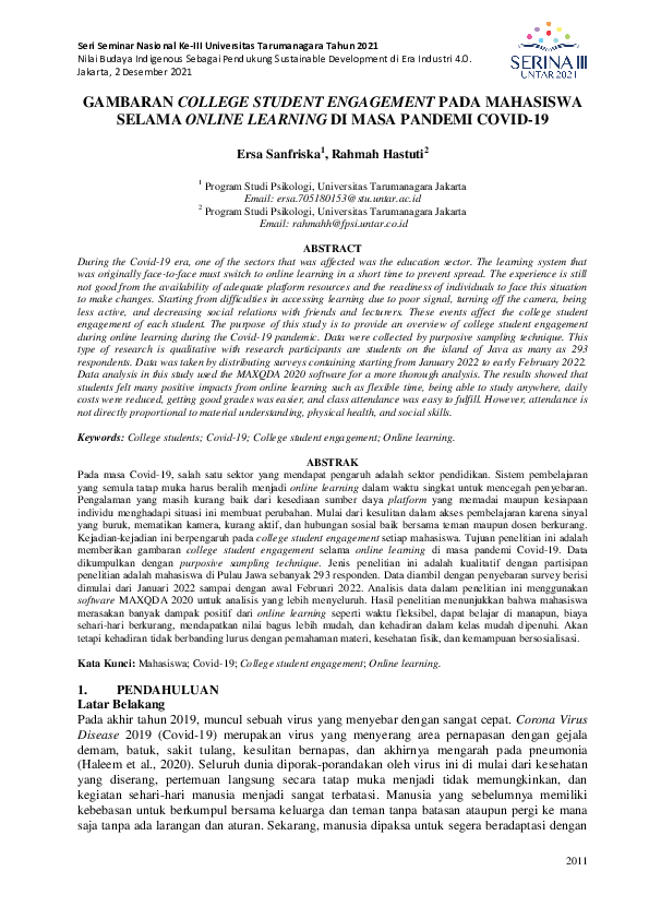 (PDF) Gambaran College Student Engagement Pada Mahasiswa Selama Online Learning DI Masa Pandemi ...