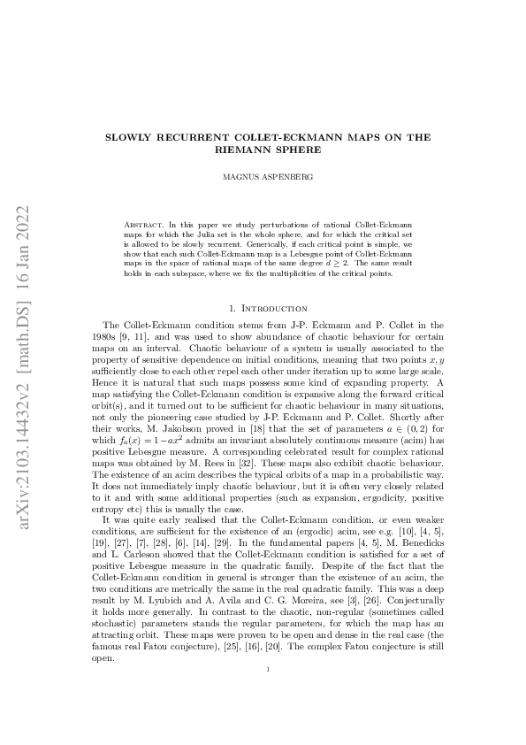(PDF) Slowly recurrent Collet-Eckmann maps on the Riemann sphere