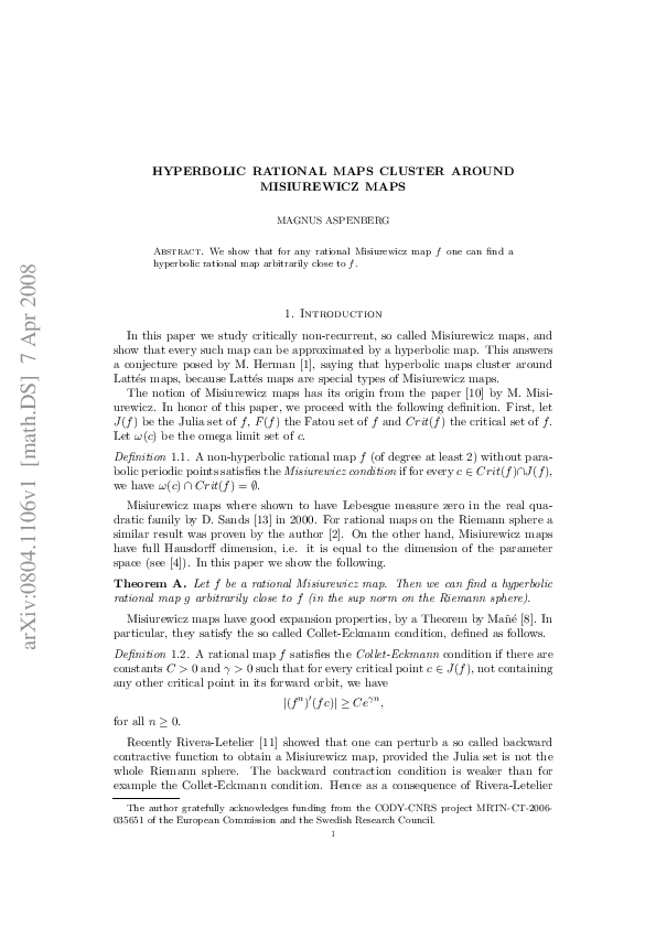 (PDF) Hyperbolic rational maps cluster around Misiurewicz maps | Magnus Aspenberg - Academia.edu