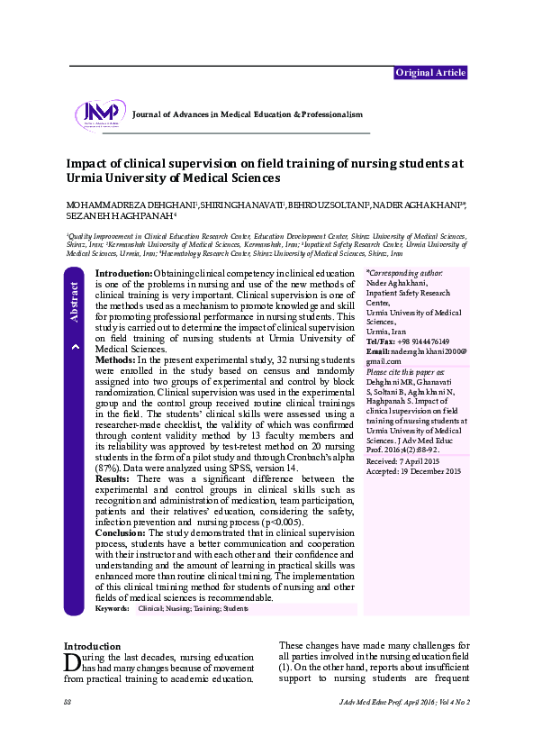 (PDF) Impact of clinical supervision on field training of nursing students at Urmia University ...