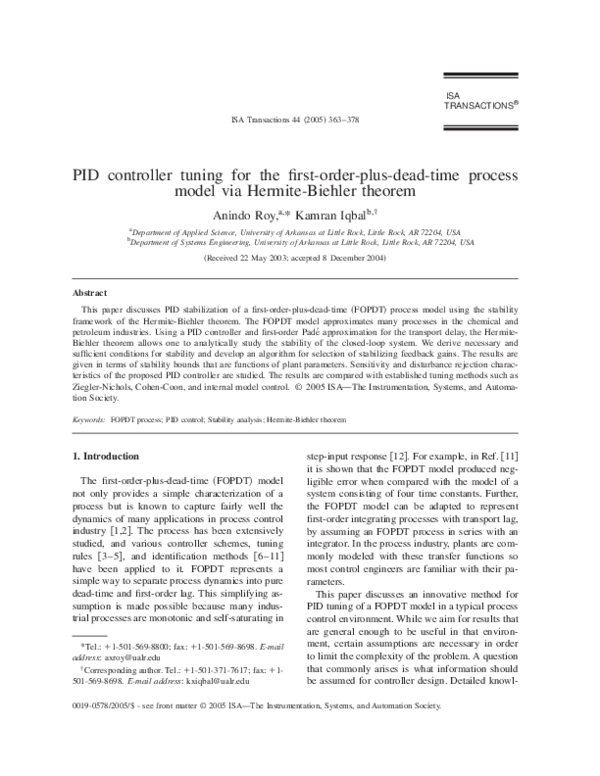 Pdf Pid Controller Tuning For The First Order Plus Dead Time Process Model Via Hermite Biehler