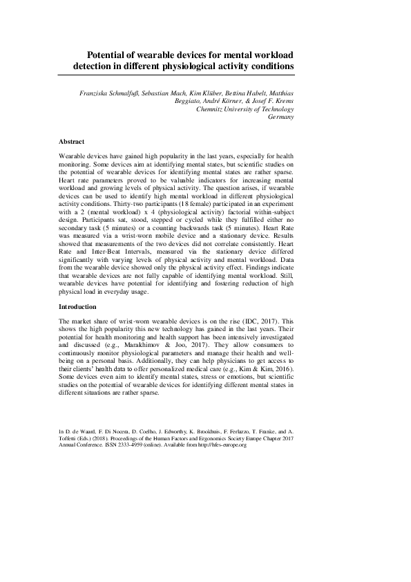 (PDF) Potential of wearable devices for mental workload detection in ... (PDF) Potential of wearable devices for mental workload detection in ...