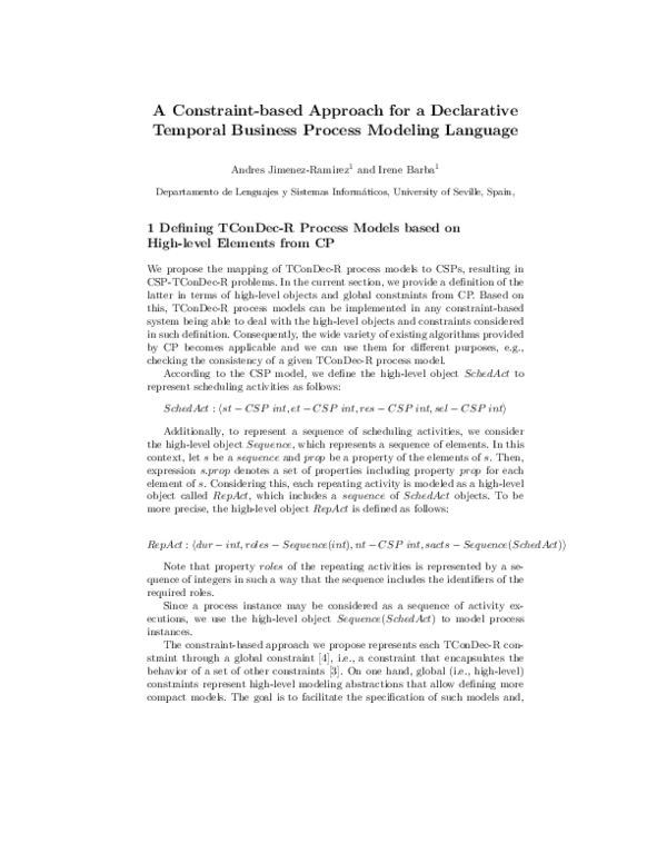 Pdf A Constraint Based Approach For A Declarative Temporal Business Process Modeling Language