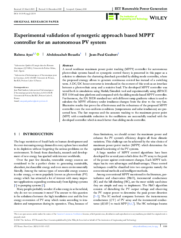 (PDF) Experimental validation of synergetic approach based MPPT ...