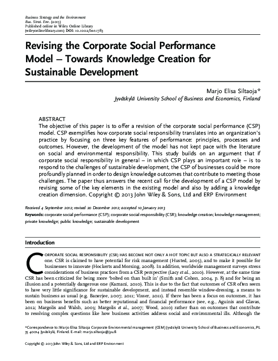 (PDF) Revising the Corporate Social Performance Model - Towards ...