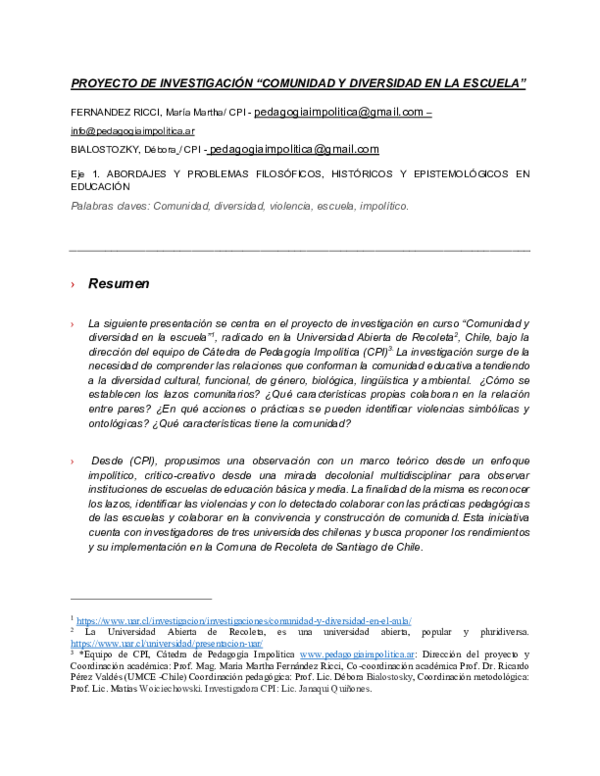 (PDF) PROYECTO DE INVESTIGACIÓN "COMUNIDAD Y DIVERSIDAD EN LA ESCUELA ...
