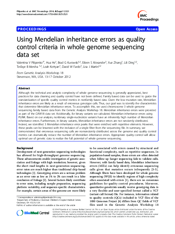 Pdf Using Mendelian Inheritance Errors As Quality Control Criteria In Whole Genome Sequencing